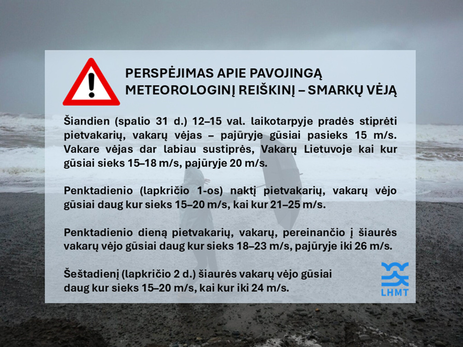 ŠIAULIAI - Perspėjimas apie pavojingą meteorologinį reiškinį – smarkų vėją